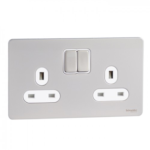 Schneider 2-Gang Switched Socket - Screwless Flat Plate, Pearl Nickel ... Schneider 2-Gang Switched Socket - Screwless Flat Plate, Pearl Nickel ...